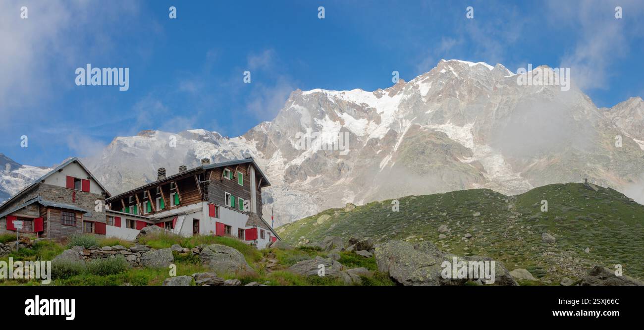 The panorama of Monte Rosa and Punta Gnifetti paks over the Rifugio ...