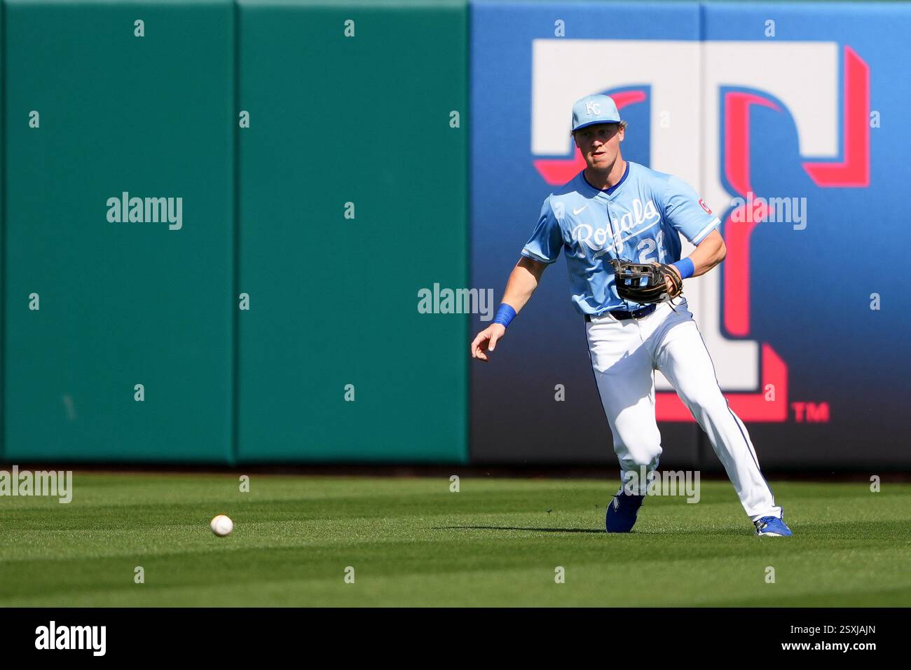Kansas City Royals center fielder Joey Wiemer chases the single hit by ...