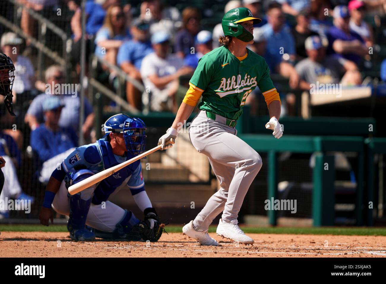 Athletics' CJ Alexander follows through on a single against the Kansas ...