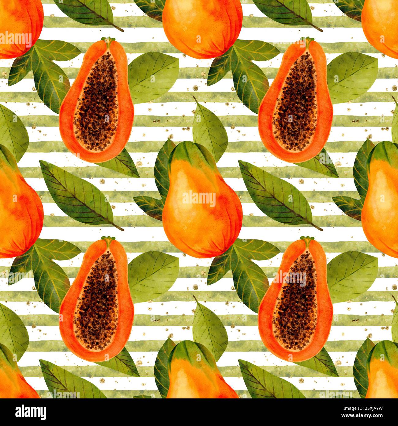 This artwork features a papaya pattern with ripe fruits and lush leaves ...