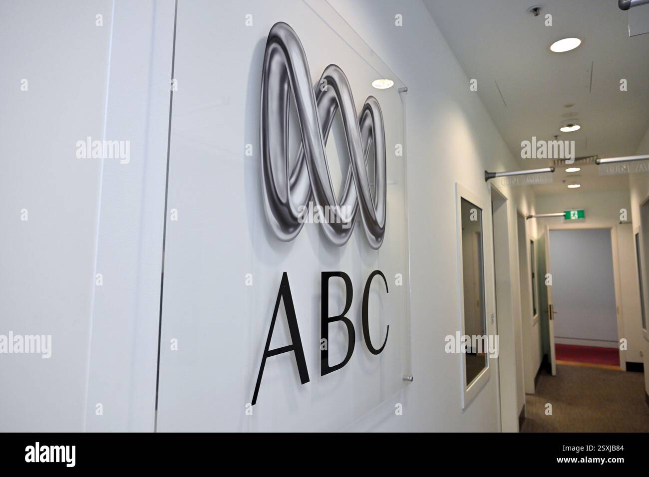 The Australian Broadcasting Corporation (ABC) logo is seen in the press gallery at Parliament ...