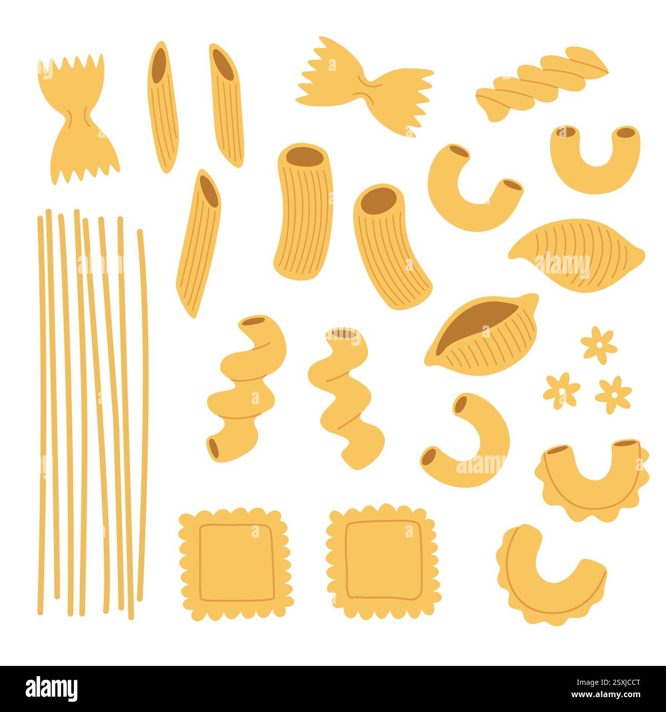 Set of pasta and macaroni, various shapes and types. Hand-drawn vector ...