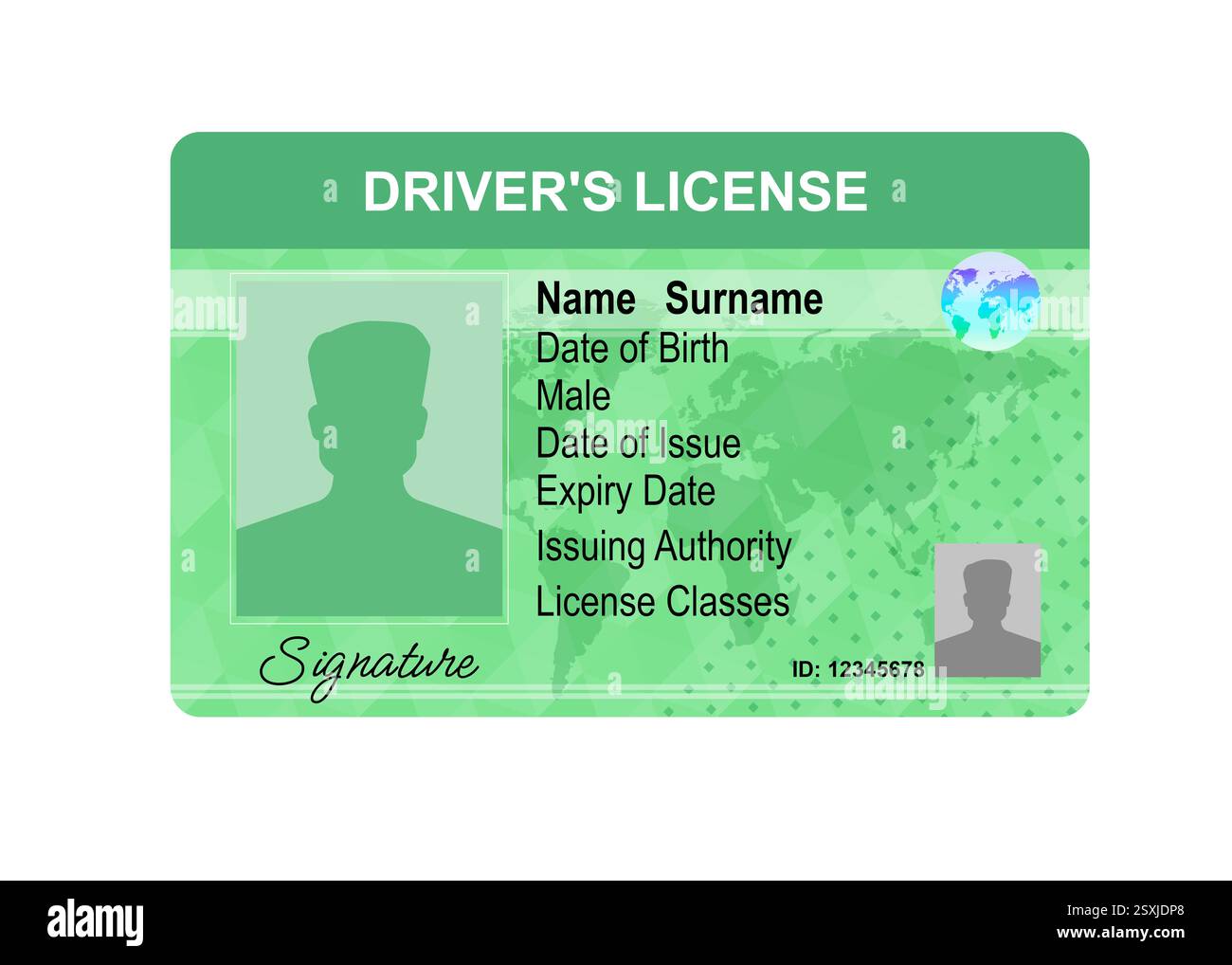 Driver's license with male silhouette and illustration of world map ...