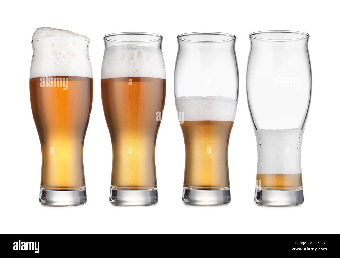 Drinking beer process. From full to empty glass on white background ...