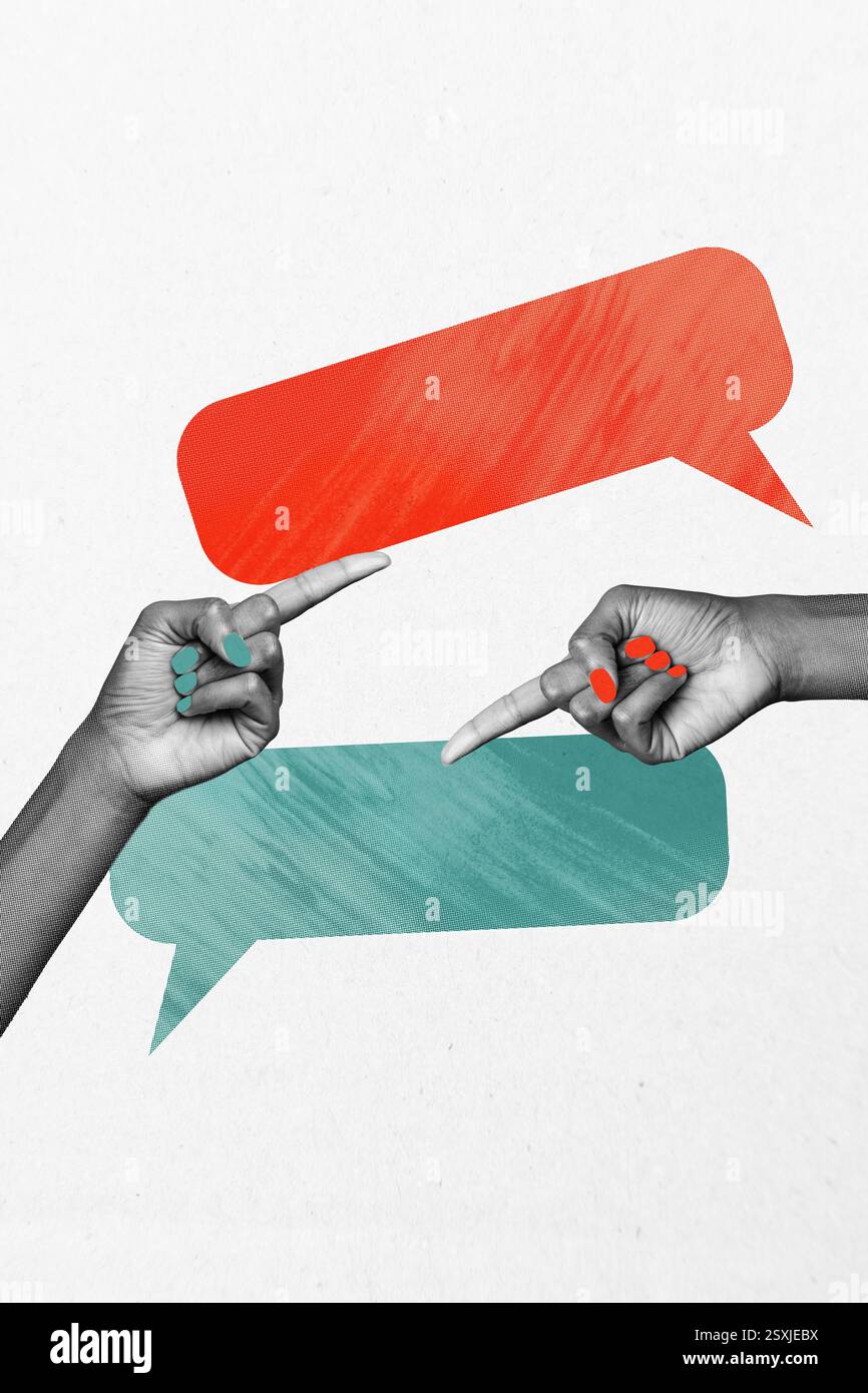 Exclusive image vertical photo collage of hands show communication icon ...