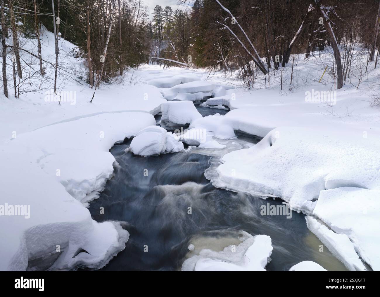 La Peche River flows through the snow and ice below the Wakefiield Inn ...