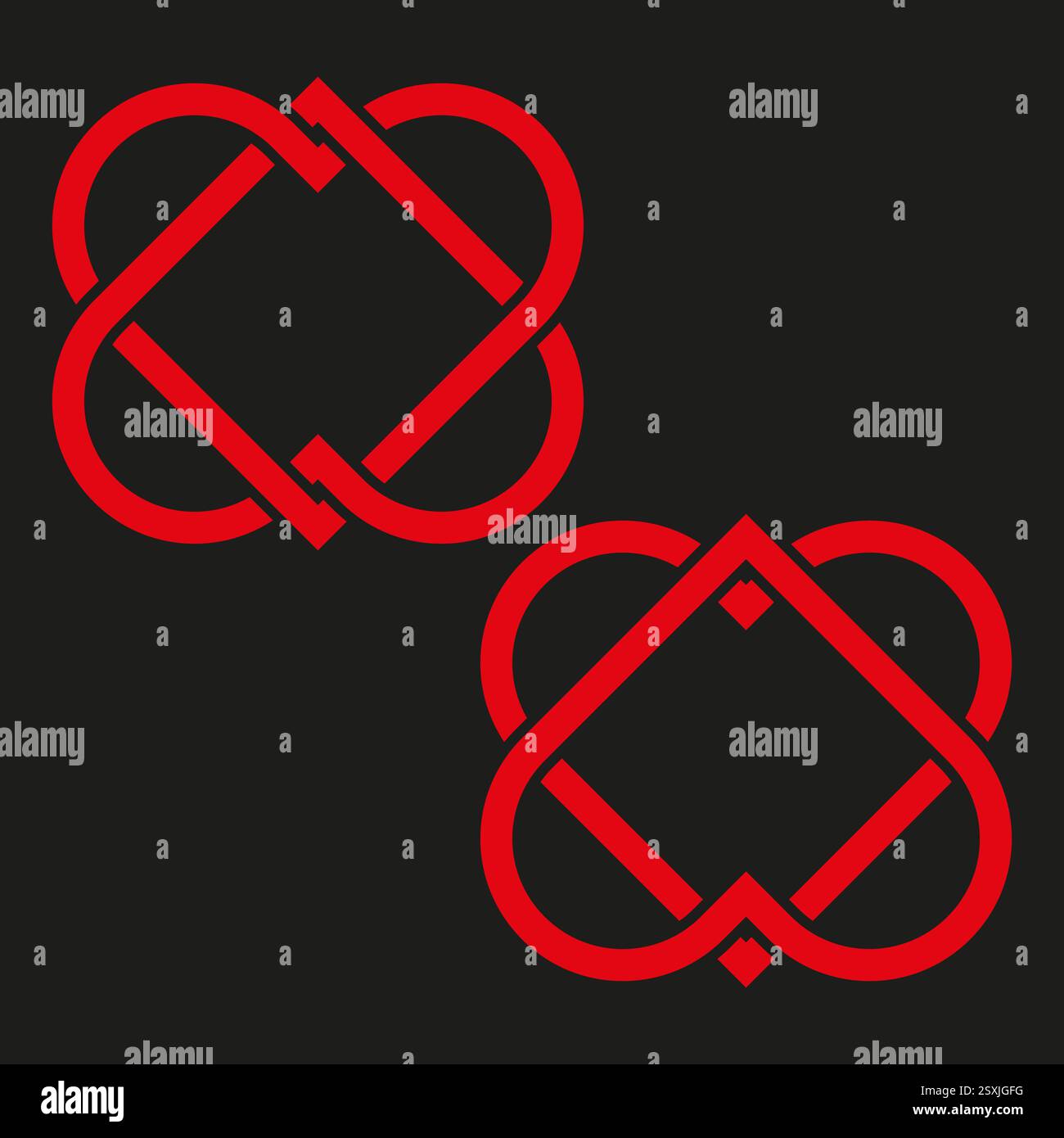 Two red emblems on black. Abstract heart geometry. Bold modern symbol ...