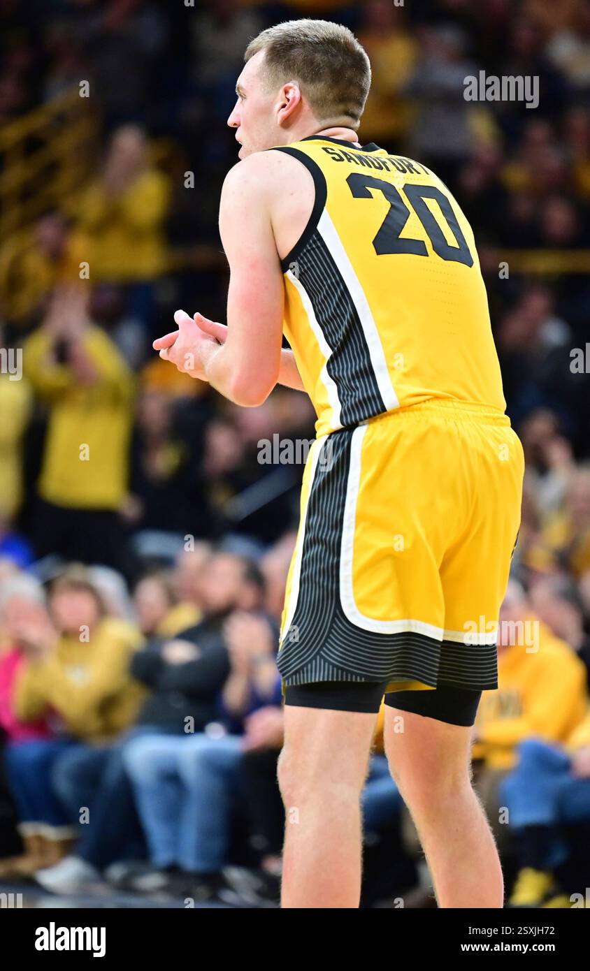 IOWA CITY, IA - FEBRUARY 22: Iowa forward Payton Sandfort (20) reacts ...