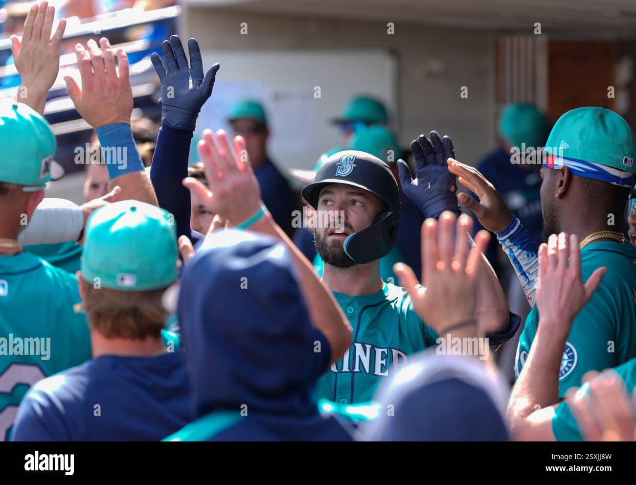 Seattle Mariners' Mitch Haniger, center, celebrates in the dugout after ...