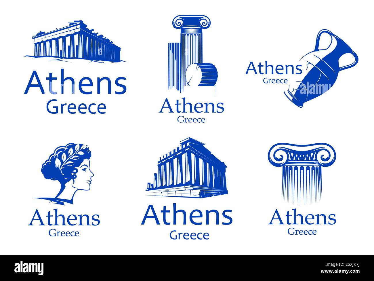 Athens and Greece icons of Greek landmarks and ancient architecture, vector symbols. Greece ...