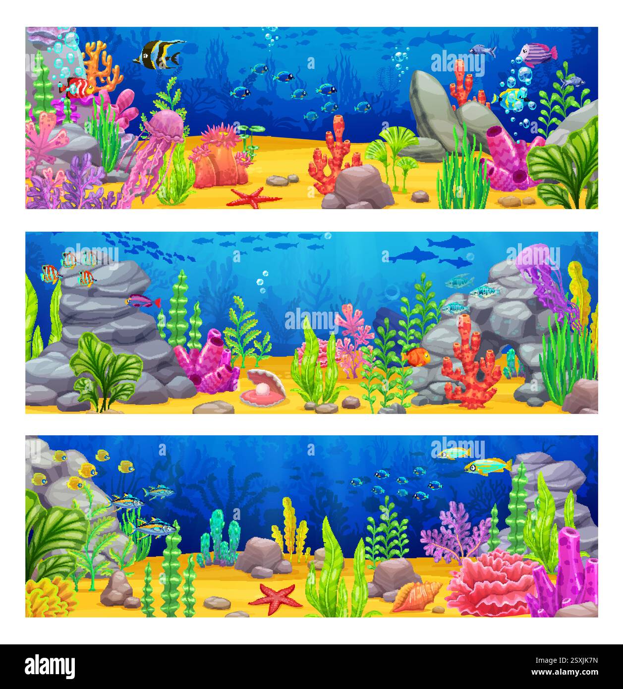 Underwater landscape game banners. Sea life flora and fauna cartoon vector horizontal banners ...