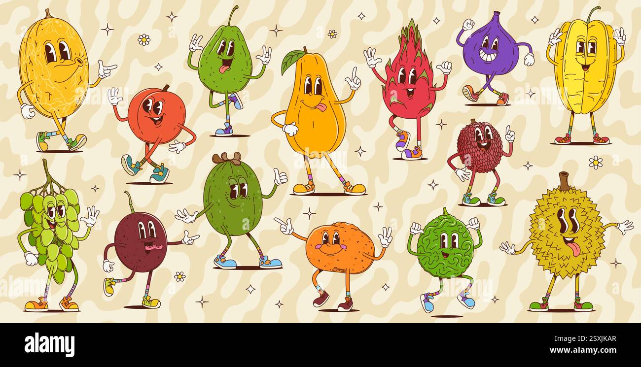 Cartoon retro groovy fruit characters with funny faces, vector comic ...