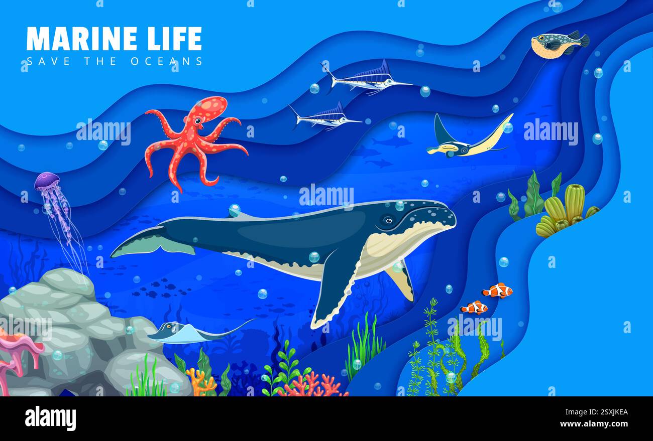 Save the ocean paper cut banner with sea animals and underwater landscape. Vector environmental ...