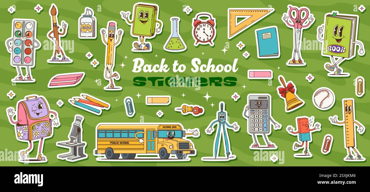 Groovy school education characters stickers pack. Retro hippie back to ...