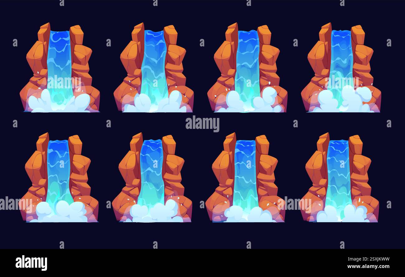 Waterfall cascade sprite sheet animation of water flow from mountain rock, vector game UI ...