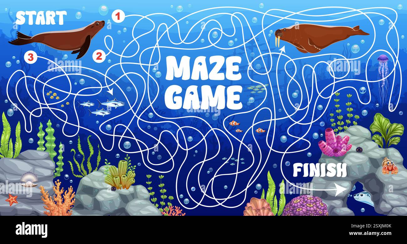 Labyrinth maze game with underwater sea animals. find way kids vector ...