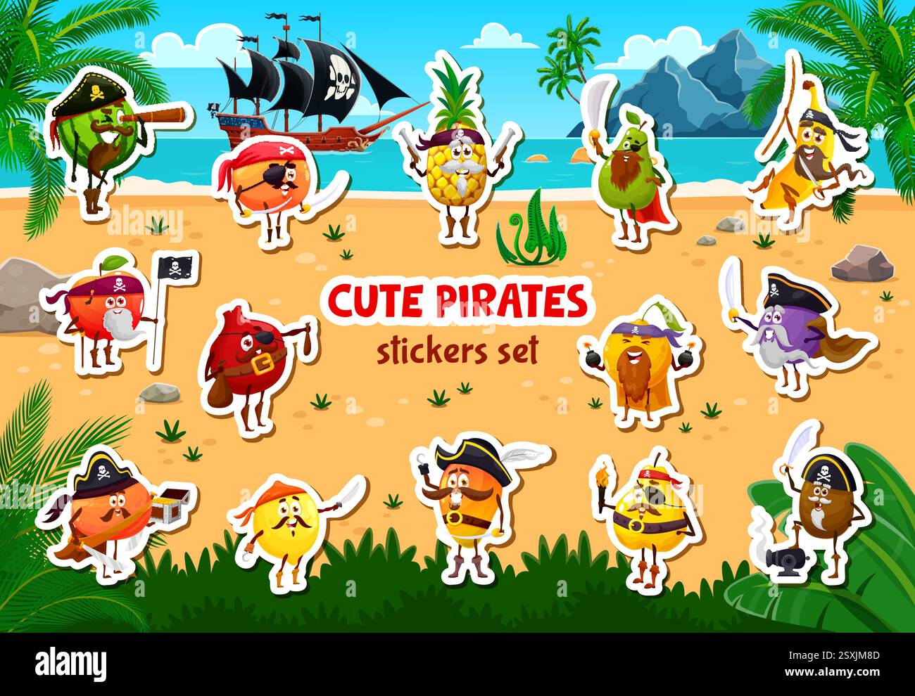 Cartoon pirate and corsair fruit characters stickers pack. Watermelon ...