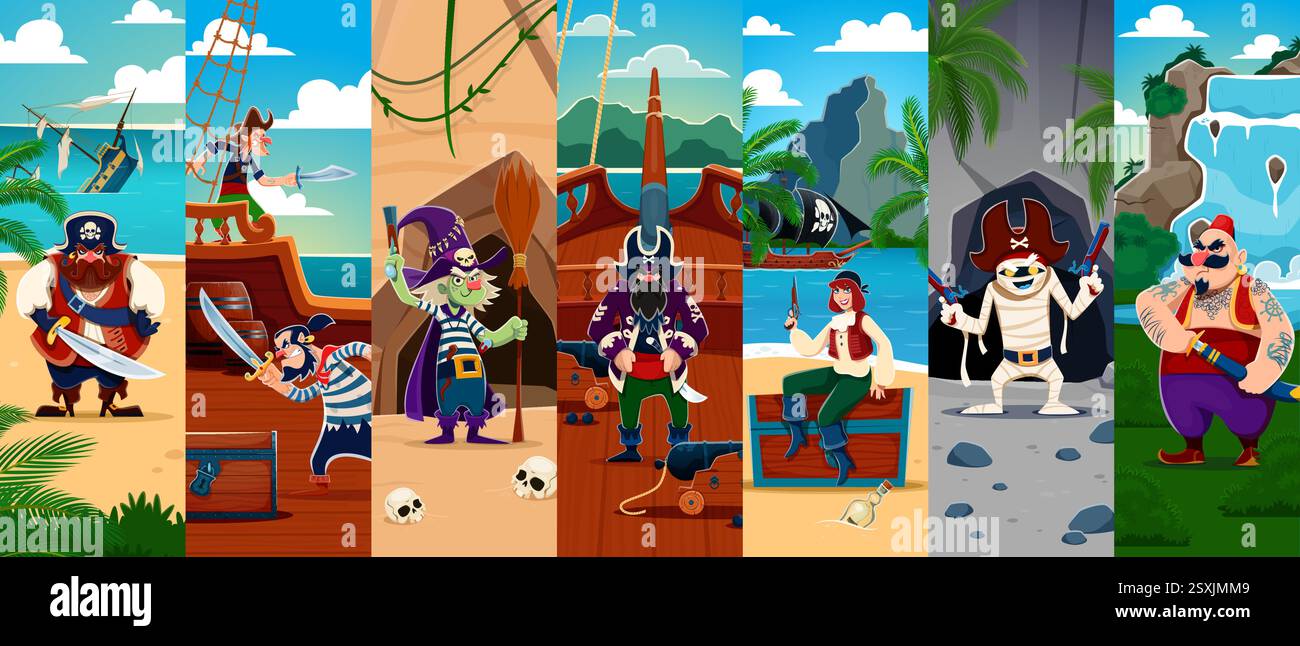 Cartoon pirate and corsair characters collage, vector Halloween holiday ...