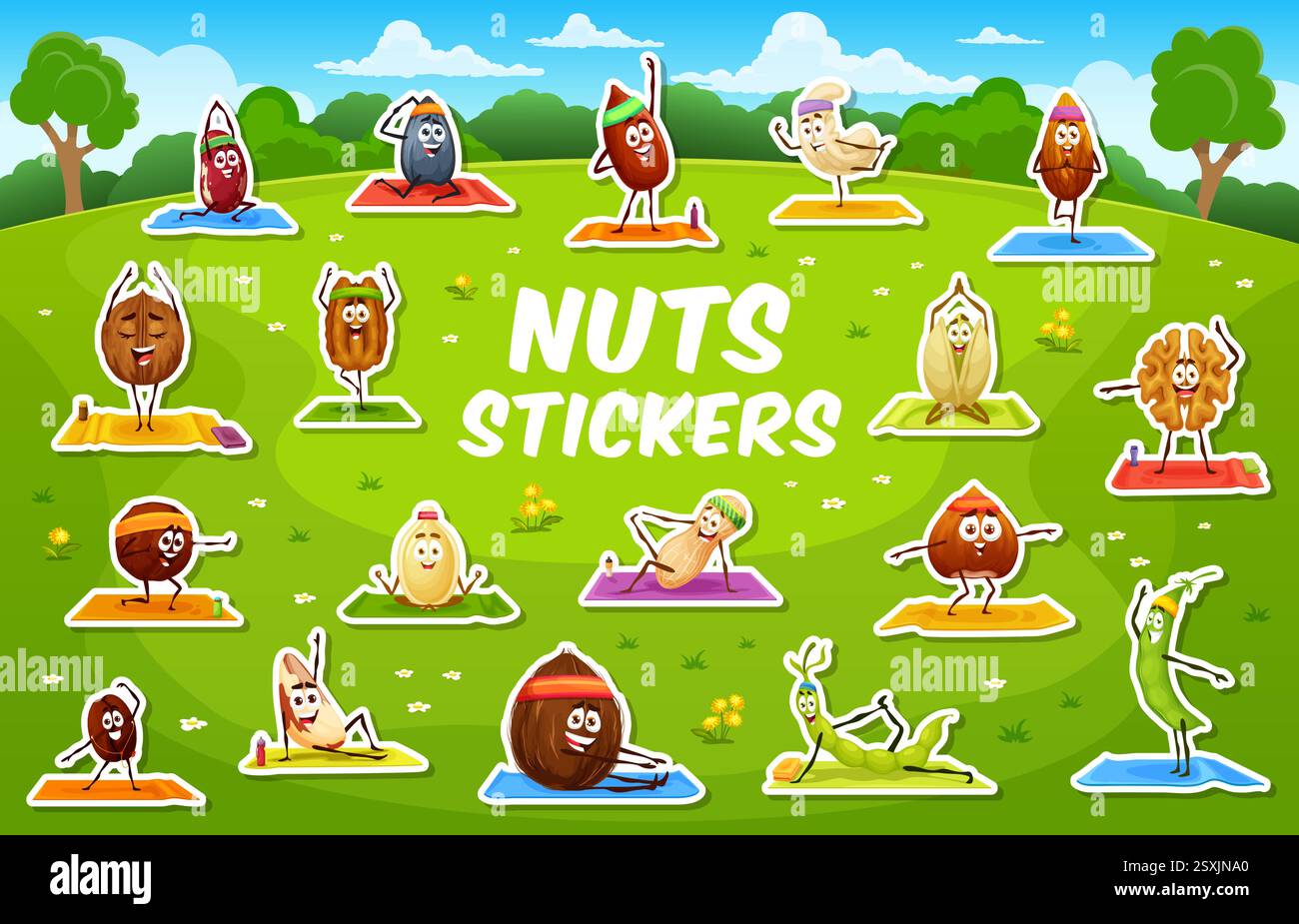 Stickers pack of nut and seeds characters on yoga fitness sport. Brazil ...