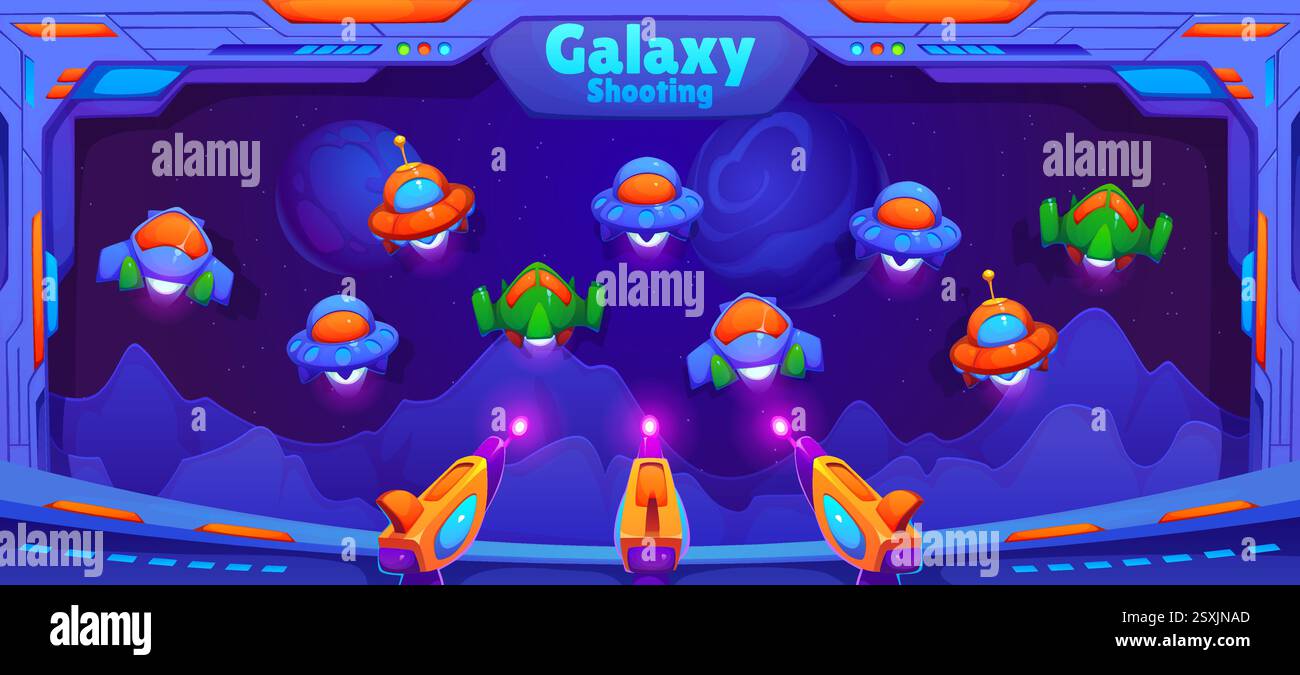 Carnival shoot game, galaxy battle shooting range in amusement park with cartoon space guns and ...