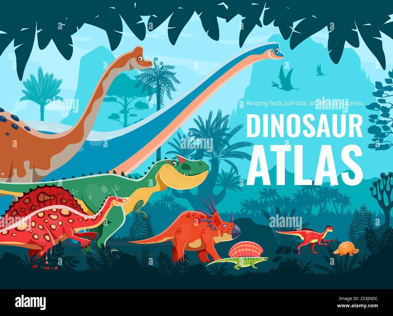 Prehistoric dinosaur character atlas book cover with jurassic era dino ...