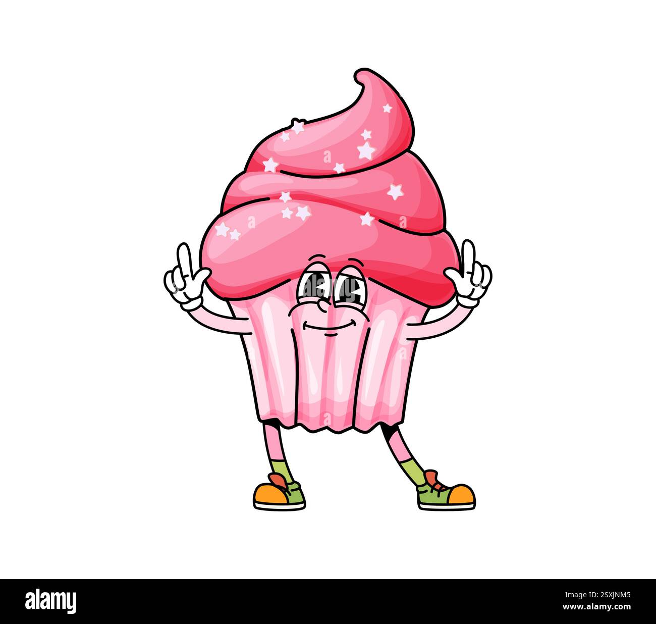 Funny groovy cake dessert character. Cartoon vector cupcake bakery and ...