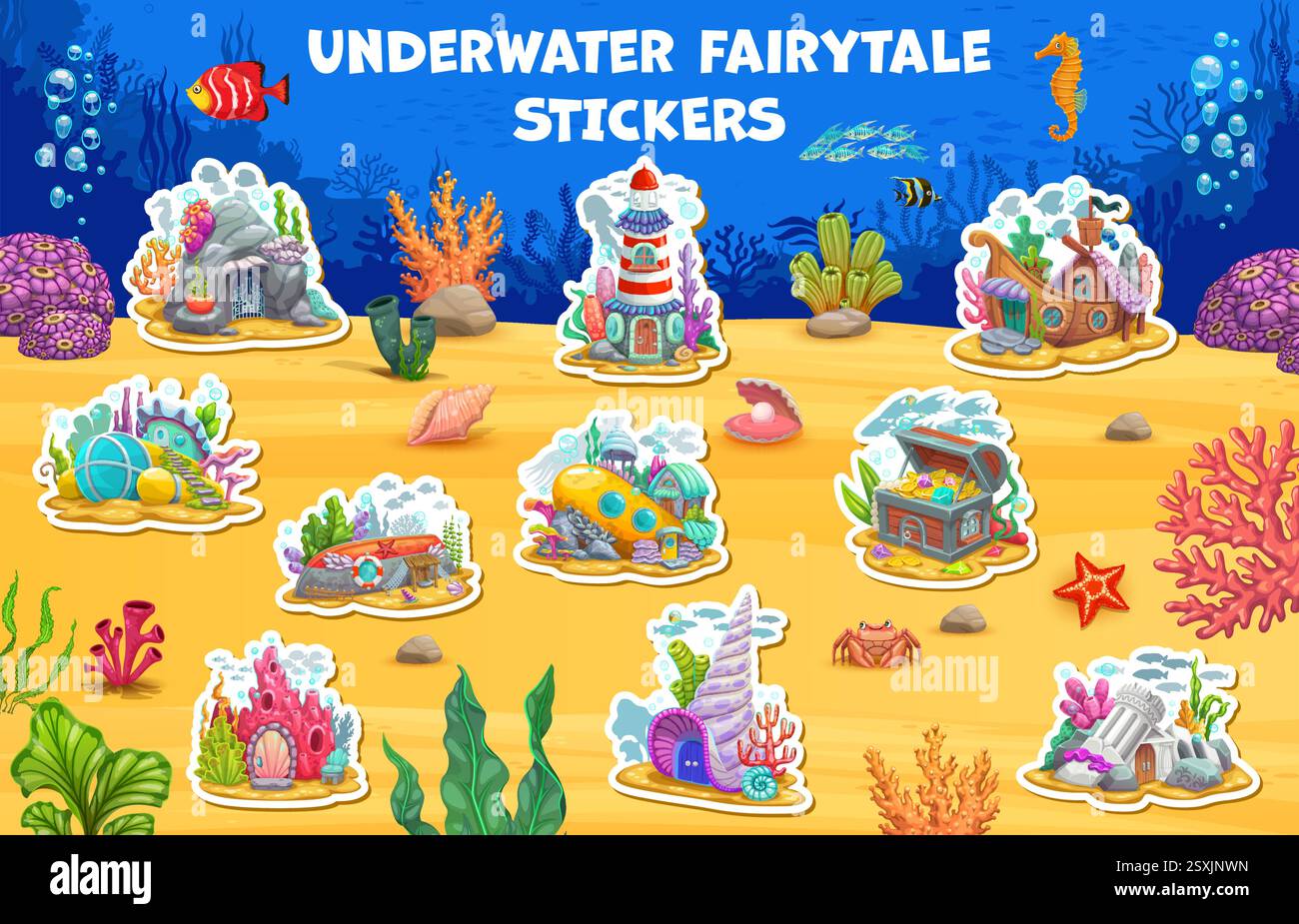 Cartoon underwater fairytale house stickers pack on sea bottom vector ...