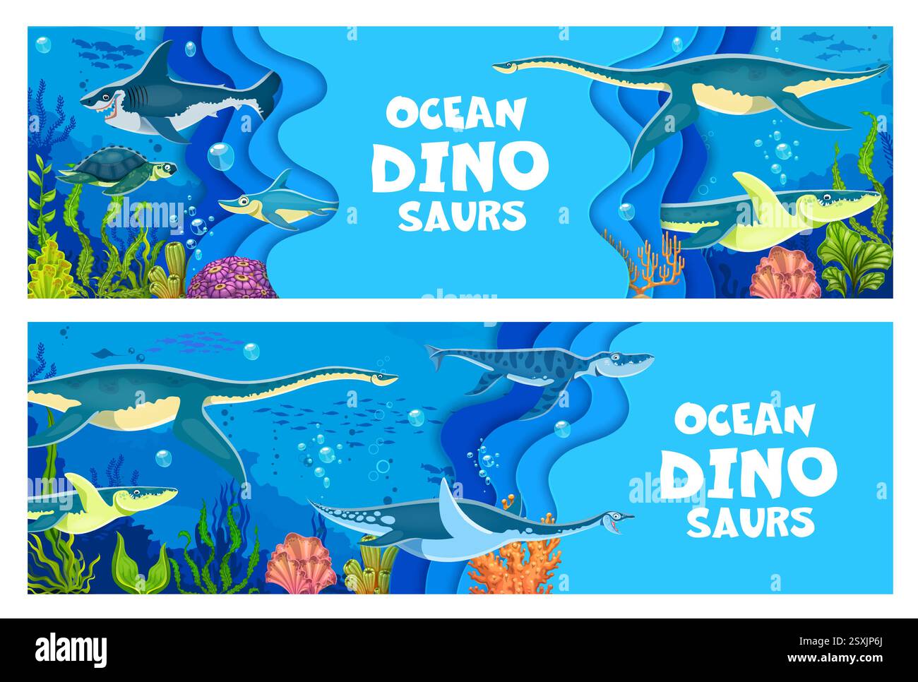 Underwater prehistoric dinosaurs and reptiles banners with vector paper ...