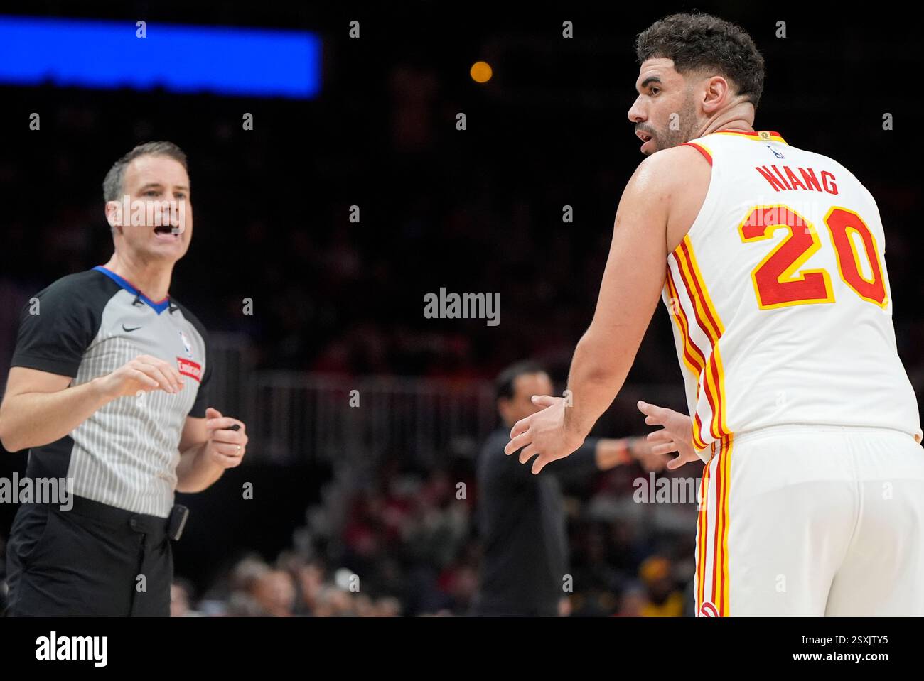 Atlanta Hawks forward Georges Niang (20) speaks with an official during ...