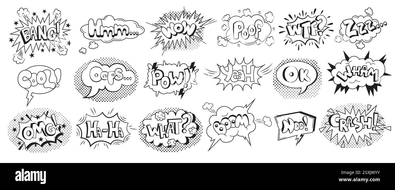 Black and white comic style speech bubbles featuring various sound ...