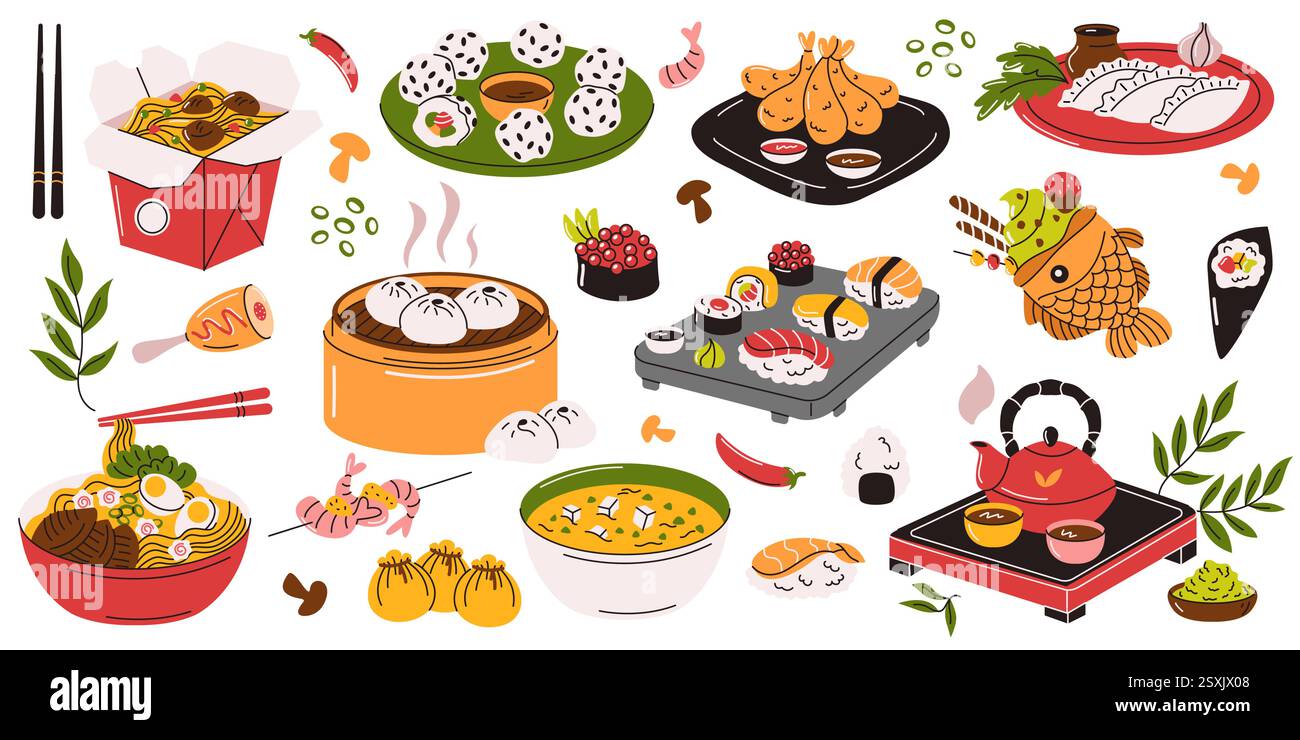 Illustration of various Asian dishes including sushi, dumplings, ramen ...