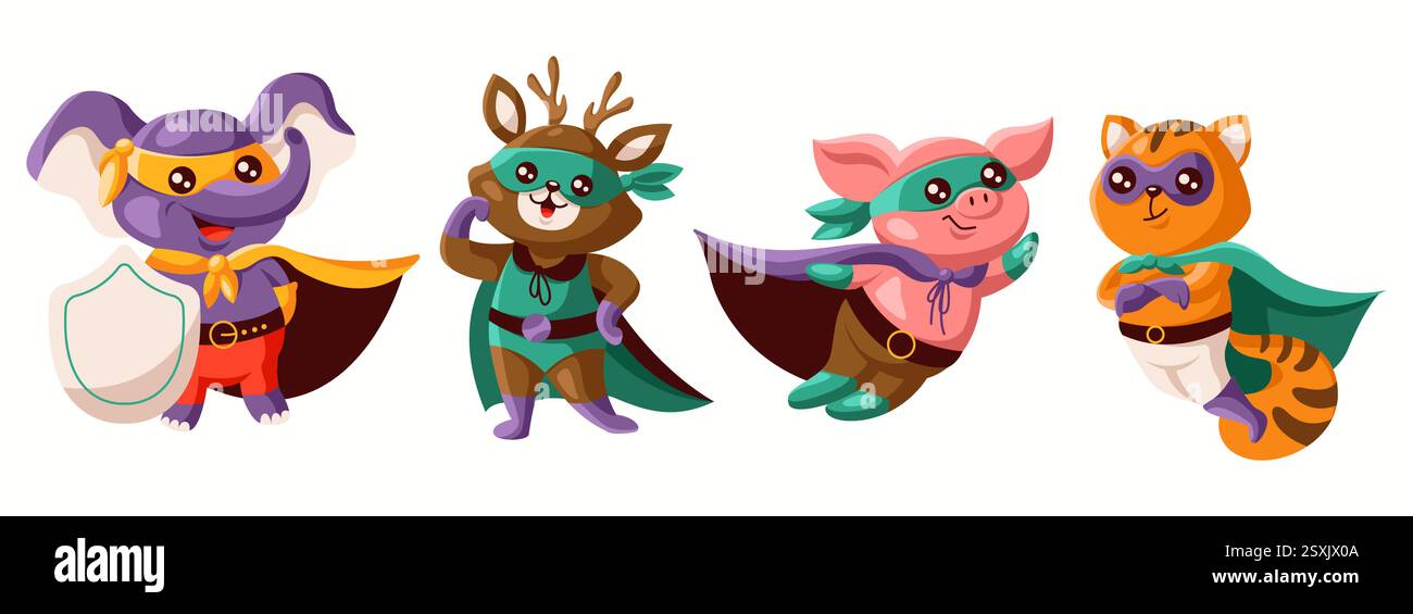 Illustration of four cartoon animals as superheroes wearing capes and ...