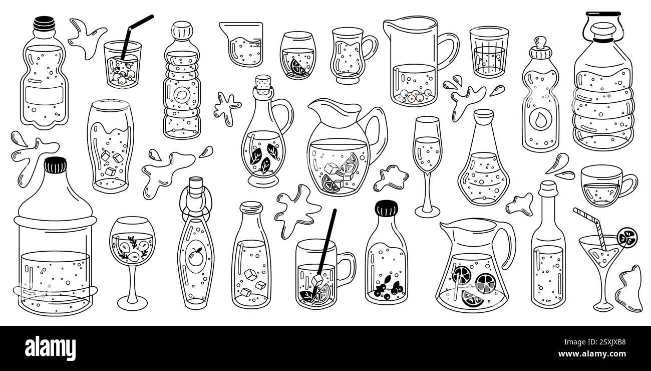 Monochrome illustration of different bottles, pitchers, and glasses ...
