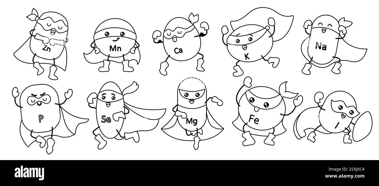 Monochrome illustration of superhero-style trace elements and vitamins ...