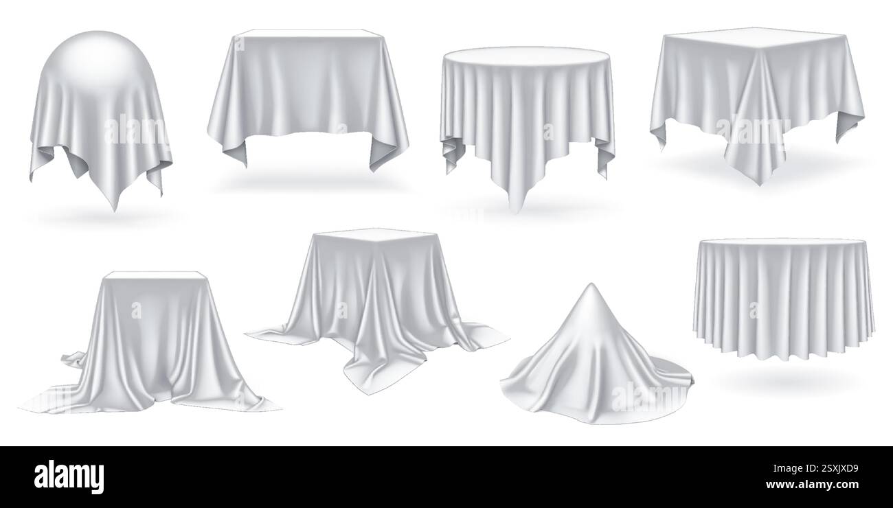 White satin drapes over tables realistic color icons set. Hinting at ...