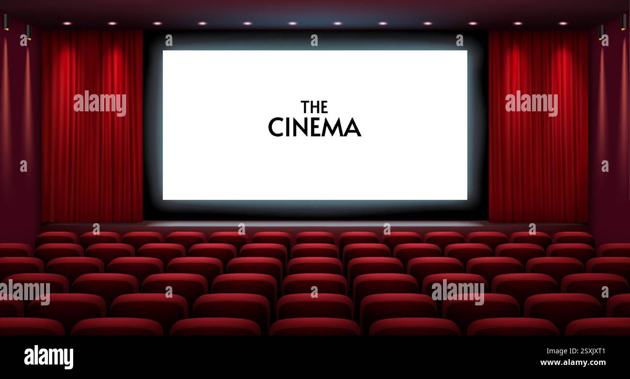 A realistic 3D vector illustration of a classic cinema hall with red ...