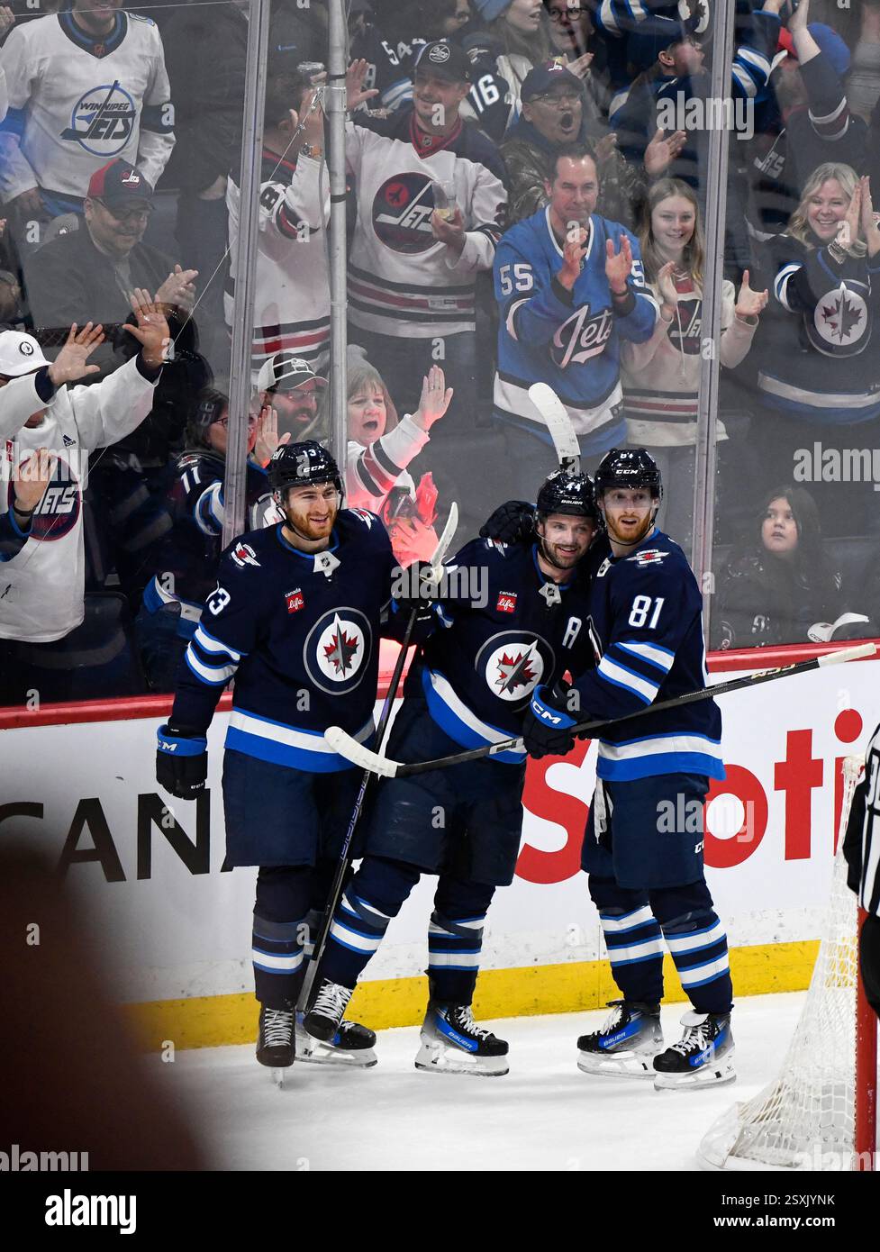 Winnipeg Jets' Josh Morrissey (44) celebrates his goal against the San ...
