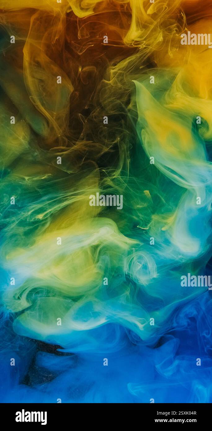 Paint mist. Smoke texture. Defocused yellow blue color fog splash blend ...