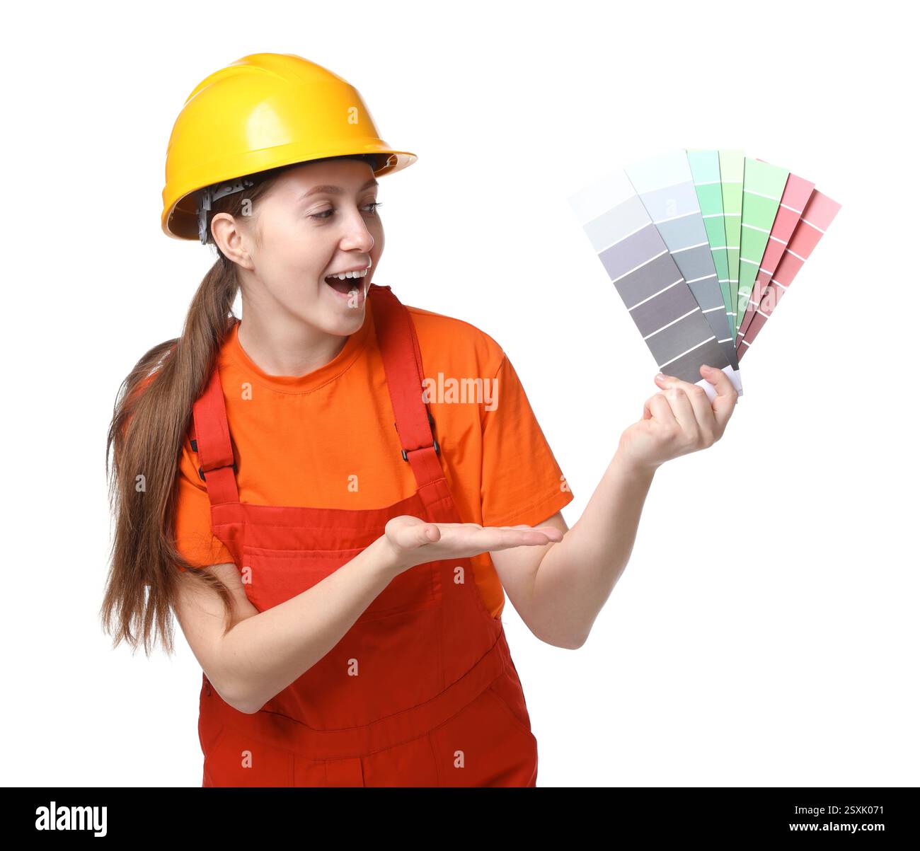 Professional painter with color selection chart on white background ...