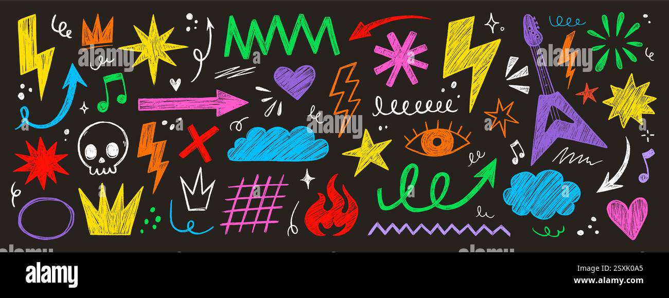 Hand drawn rock punk music star grunge heart doodle icon element set ...