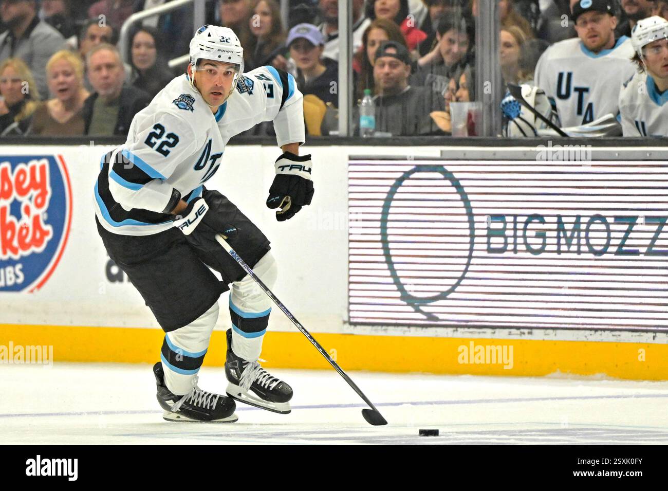 Utah Hockey Club center Jack McBain controls the puck during an NHL hockey game Los Angeles ...