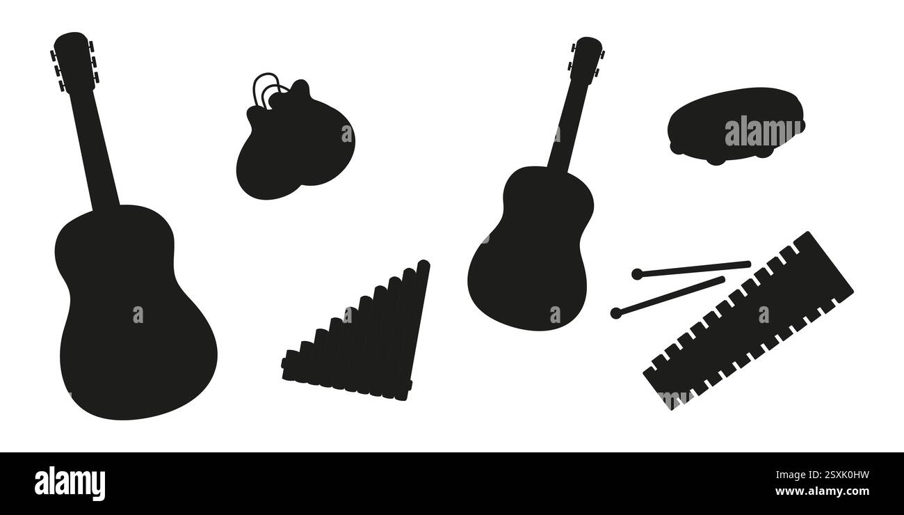 Various musical instruments arranged in artistic silhouettes on a white ...