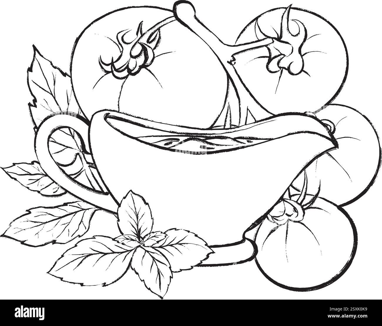 Black and white vector drawing of a sauce boat with tomato sauce, fresh ...