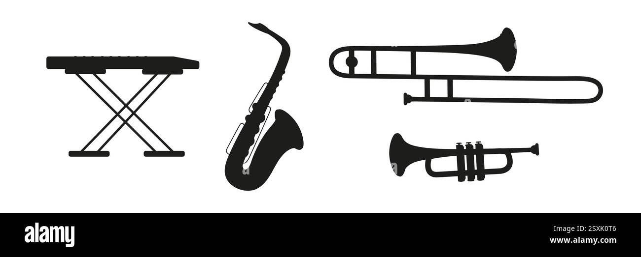 Musical instruments including keyboard, saxophone, trombone, and ...