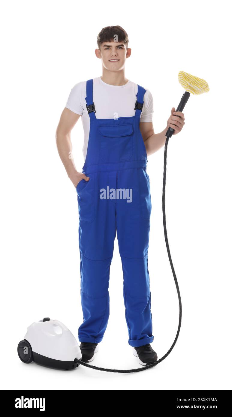 Cleaning service worker with steam cleaner on white background Stock ...