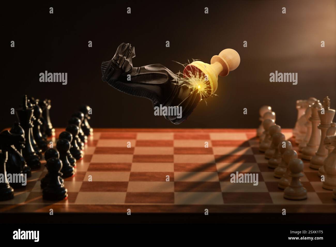 Chess game. Black knight beating white pawn in air over chessboard ...