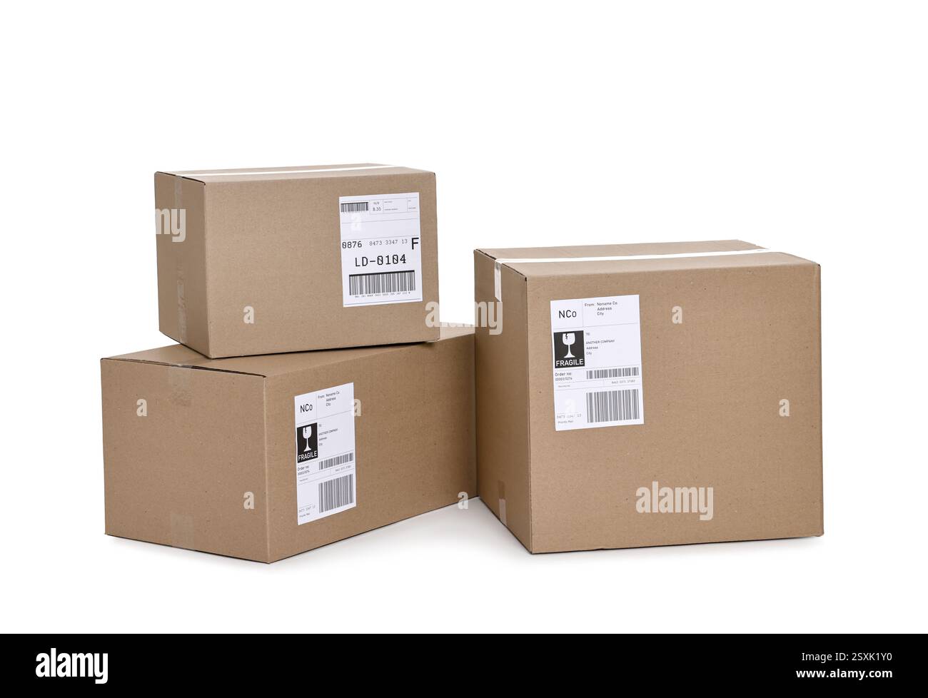 Cardboard parcel boxes with shipping labels on white background Stock ...