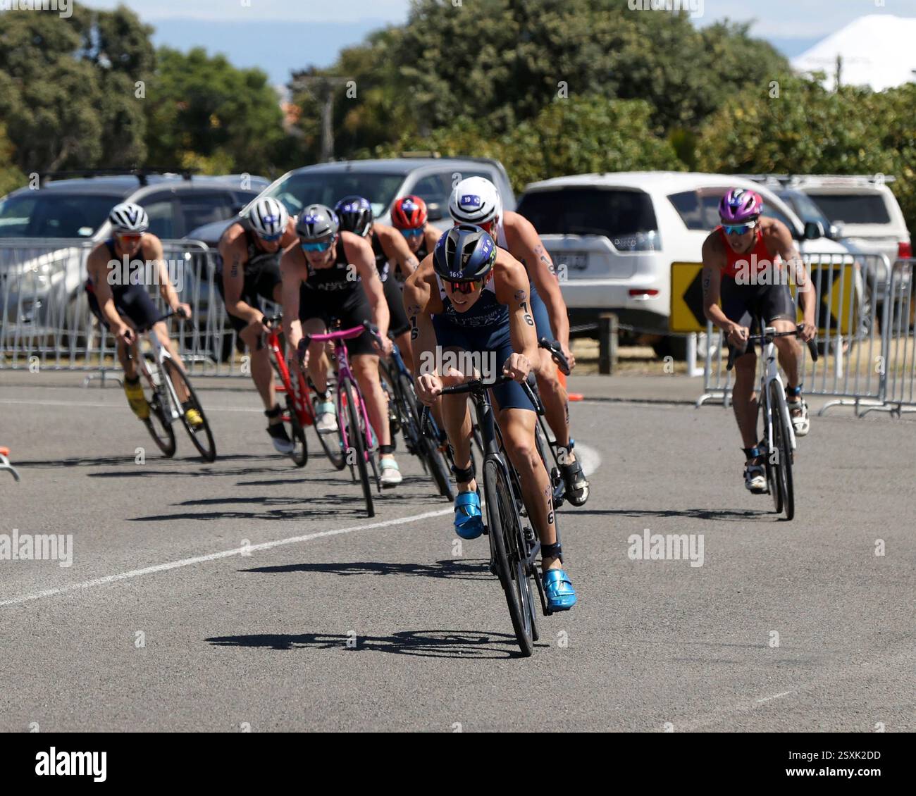 Sullivan Middaugh, foreground, of Avon, CO., at the 2025 World Triathlon Cup Napier, on February ...