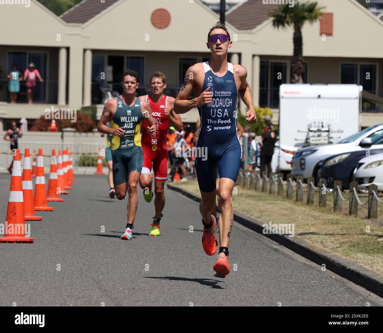 Sullivan Middaugh, foreground, of Avon, CO., at the 2025 World Triathlon Cup Napier, on February ...