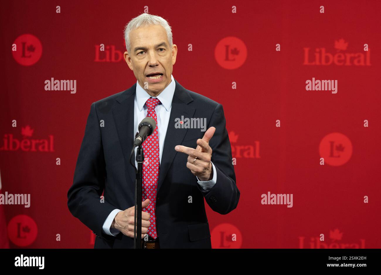 Frank Baylis speaks to the media following the French-language Liberal Leadership debate in ...
